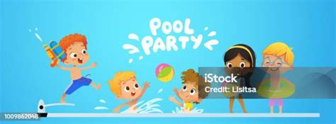 수영장 파티 초대장 서식 파일 Baner 다민족 어린이 수영장에서 재미가 있다 수영장에서 점프 장난감 물 총으로 빨강 머리 소년 아이 들 물에 공을가지고 노는 해변에 대한