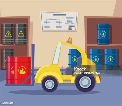 가연성 오일 배럴 벡터 일러스트 레이 션을 운반하는 지게차 만화에 대한 스톡 벡터 아트 및 기타 이미지 만화 지게차 창고