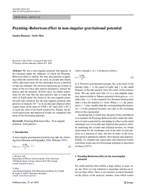 Pdf Poynting Robertson Effect In A Non Singular Gravitational Potential