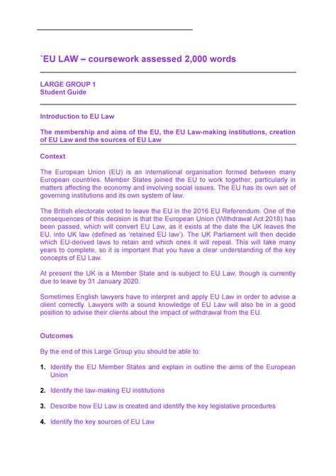 Introduction To Eu Law Full Lecture Notes Llb Law `eu Law
