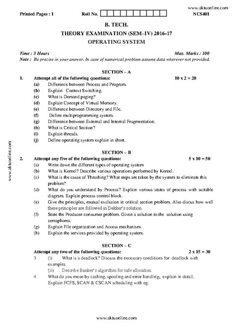 Btech Cs 4 Sem Operating System Ncs 401 2017 Printed Pages 1 Roll