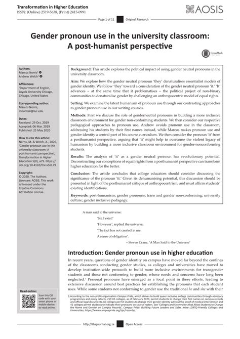 Pdf Gender Pronoun Use In The University Classroom A Post Humanist Perspective