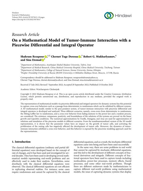 Pdf On A Mathematical Model Of Tumor Immune Interaction With A Piecewise Differential And