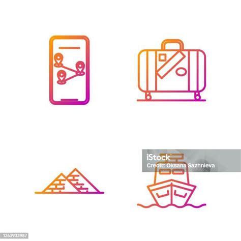 세트 라인 선박 이집트 피라미드 도시지도 탐색 및 여행 및 스티커 가방의 인포 그래픽 그라데이션 색상 아이콘입니다 벡터 0명에 대한 스톡 벡터 아트 및 기타 이미지 Istock