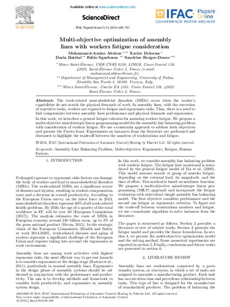 Pdf Multi Objective Optimization Of Assembly Lines With Workers Fatigue Consideration