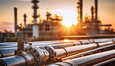 Industrial Sunset Pipelines Lead To Refinery Bathed In Golden Light Stock Illustration