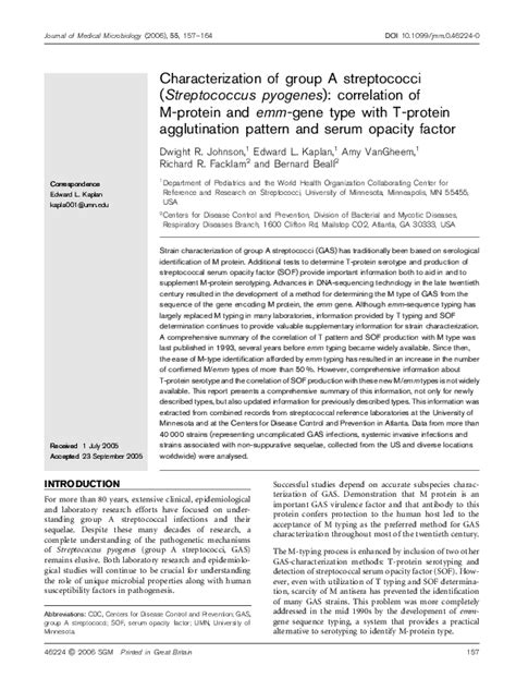 Pdf Characterization Of Group A Streptococci M Type And Sof Correlation