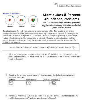 Atomic Mass Calculations Problem Set By Q Chemistry TPT