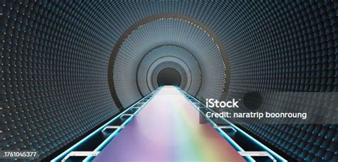 길고 어두운 터널 파이프 미래형 조명으로 공상 과학 터널 하이테크 터널 공상 과학 복도 하이퍼 루프 기술 파이프 레이저 광 터널