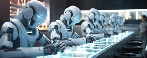 A Row Of Humanoid Robots Working At A Futuristic Assembly Line Premium Ai Generated Image