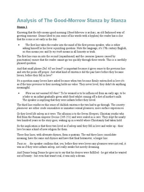 Analysis Of The Good Morrow Stanza By Stanza Pdf Poetry