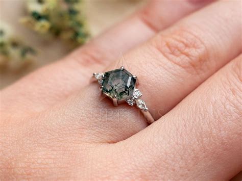 Hexagon Moss Agate And Marquise Diamond Ring Aurelius Jewelry