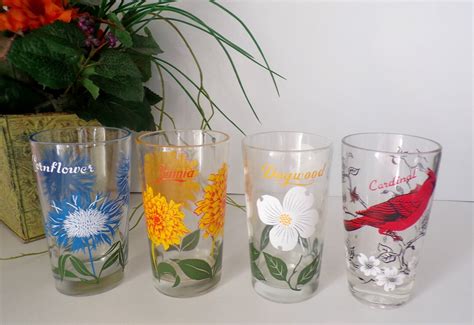 4 Vintage Boscul Glasses Cornflower Dogwood Cardinal Zinnia Pb Swanky
