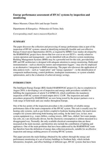 Pdf Energy Performance Assessment Of Hvac Systems By Inspection And Monitoring