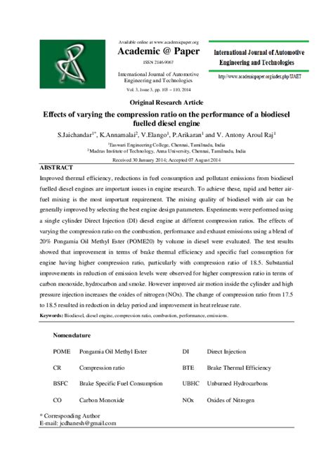 Pdf Effects Of Varying The Compression Ratio On The Performance Of A Biodiesel Fuelled Diesel