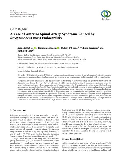 Pdf A Case Of Anterior Spinal Artery Syndrome Caused By Streptococcus Mitis Endocarditis