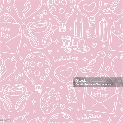 하트 연애 편지 풍선 낭만적 인 저녁 식사 및 열쇠와 함께 발렌타인 데이에 대한 귀여운 핑크 완벽 한 패턴 벡터 손으로 그린 낙서 그림입니다 휴일 인쇄 장식 포장에