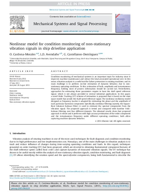 Pdf Nonlinear Model For Condition Monitoring Of Non Stationary Vibration Signals In Ship