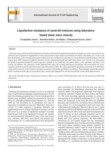 Pdf Liquefaction Resistance Of Sand Silt Mixtures Using Laboratory Based Shear Wave Velocity