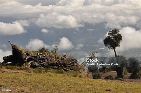 비옥한 토양과 맑은 슬로프에 수많은 작물 코스타리카에서 화산 이라즈의 농업 슬로프 계곡은 화산 원뿔 아래에 매달린 구름으로 둘러싸여 있습니다 0명에 대한 스톡 사진 및 기타