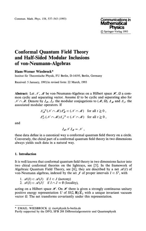 Pdf Conformal Quantum Field Theory And Half Sided Modular Inclusions Of Von Neumann Algebras