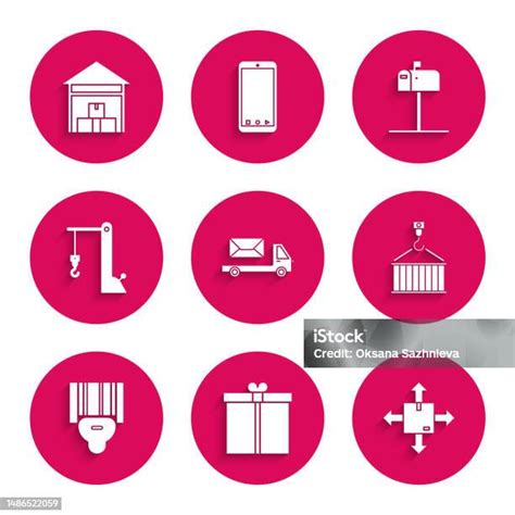 우체국 선물 상자 교통 기호가 있는 판지 크레인의 컨테이너 스캐너 스캔 바코드 항구 항구 메일 열기 및 창고 아이콘을 설정합니다 벡터 건설 산업에 대한 스톡 벡터 아트 및