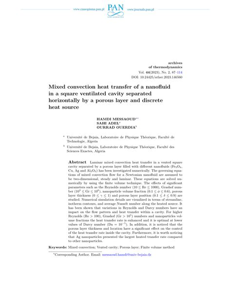 Pdf Mixed Convection Heat Transfer Of A Nanofluid In A Square Ventilated Cavity Separated