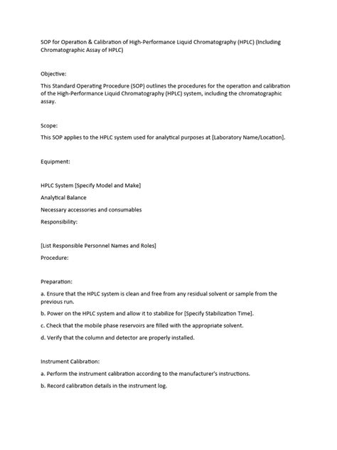 Sop For Operation And Calibration Of Hplc Pdf