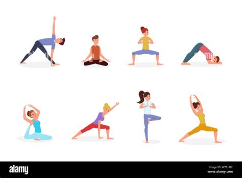 People Doing Yoga Vector Illustration Set People In Yoga Poses Men And Women Holding Asana And