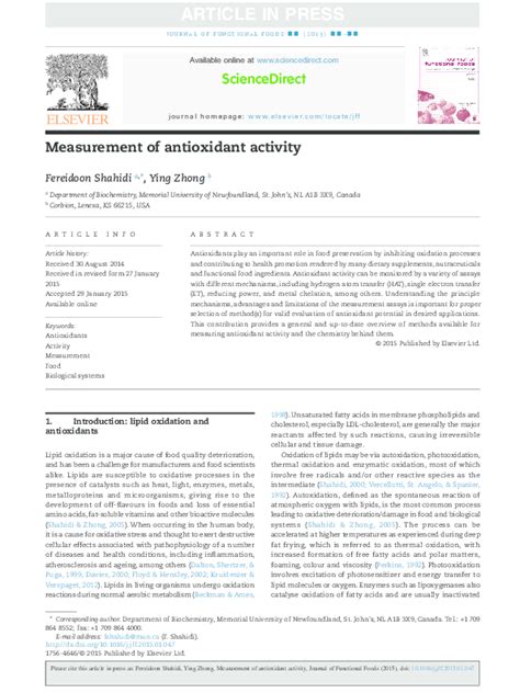 Pdf Measurement Of Antioxidant Activity