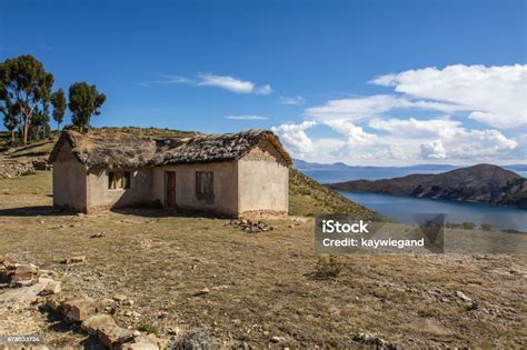 언덕에 있는 농장 태양의 섬 이 슬 라 델 솔의도로와 보트 여행 볼리비아의 티 티코 카 호수에 위치 하 고 있습니다 자연과 풍경은 유칼립투스 나무와 거친 바위 구릉입니다 0