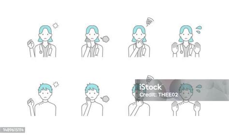 부정적인 감정을 가진 의사와 간호사의 삽화 간단한 선 그리기 아이콘 세트입니다 간호사에 대한 스톡 벡터 아트 및 기타 이미지 간호사 걱정하는 남성 Istock