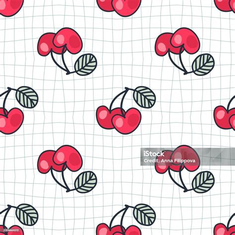 그리드에 체리가 있는 그루비 스타일의 완벽 한 패턴 왜곡 된 배경 직물 종이 직물을 위한 완벽한 인쇄 손으로 그린 벡터 그림입니다 강렬하고 밝은 색상에 대한 스톡 벡터 아트