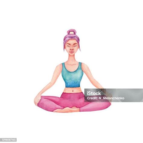 연꽃 위치에있는 어린 소녀 수채화 그림 파드마사나 여성 명상 요가 아사나 명상과 건강한 생활 방식을 연습하십시오 사람들에 대한 스톡 벡터 아트 및 기타 이미지 Istock