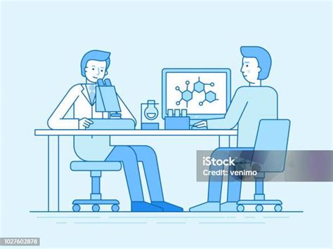 평면 선형 스타일과 파란색과학 연구와 의료 조사 및 벡터 일러스트 레이 션 개념에 대한 스톡 벡터 아트 및 기타 이미지 개념 건강 검진 건강 진단 Istock
