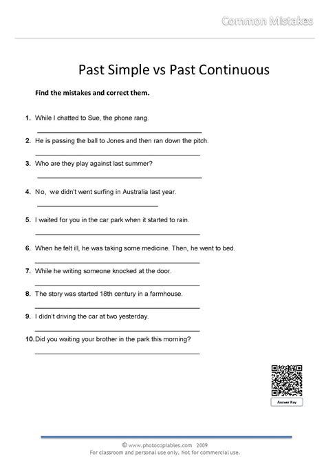 Past Simple Vs Past Continuous Error Correction Photocopiables