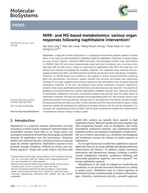 Pdf Nmr And Ms Based Metabolomics Various Organ Responses Following