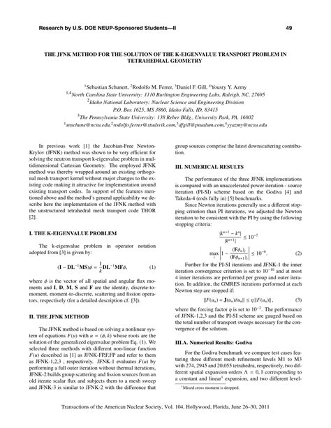 Pdf The Jfnk Method For The Solution Of The K Eigenvalue Transport