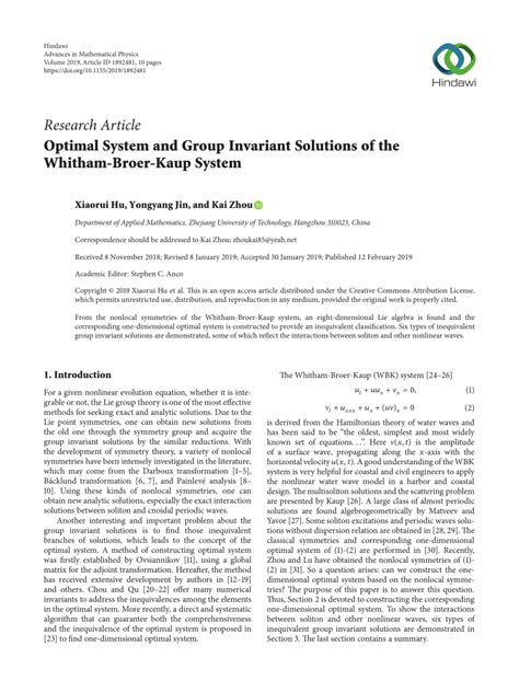 Pdf Optimal System And Group Invariant Solutions Of The Whitham Broer Kaup System