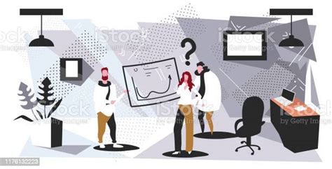 금융 그래프를 공부하는 혼란 사업가 사무실 노동자 비즈니스 코치 판매 통계 데이터 현대 사무실 인테리어 스케치 수평 전체 길이에 대한 보고서를 제시 남자에 대한 스톡 벡터