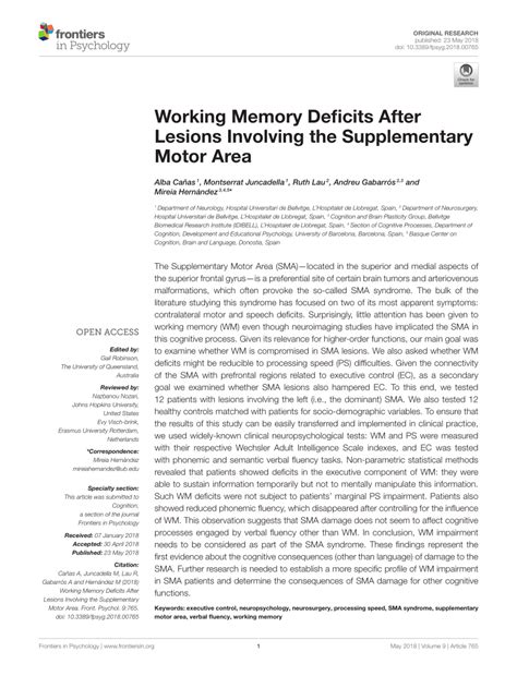 PDF Working Memory Deficits After Lesions Involving The Supplementary Motor Area