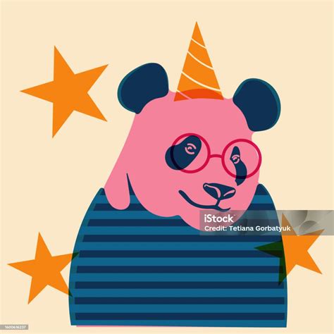 생일 모자를 쓴 팬더 아바타 배지 포스터 로고 템플릿 인쇄 Riso 인쇄 효과가 있는 미니멀한 스타일의 벡터 그림입니다 플랫