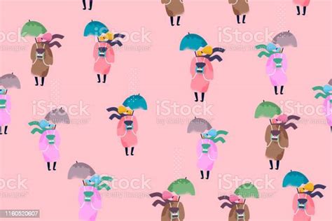 비 아래 거리에서 우산을 들고 걷는 작은 사람들과 원활한 패턴 야외 활동을 수행하는 여성과 배경 플랫 만화 스타일의 다채로운 벡터 일러스트레이션 벡터에 대한 스톡 벡터 아트