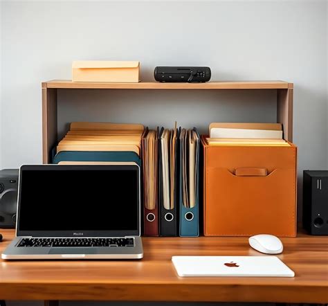 Folder Organization For Laptop Desk Area With Multiple Folders And A Computer Premium AI