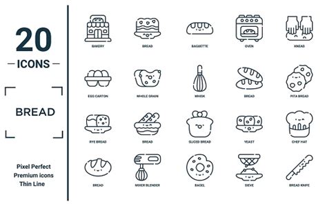 빵 선형 아이콘 세트입니다 얇은 라인 베이커리 계란 상자 호밀 빵 빵 칼 털기 보고서 프리젠 테이션 다이어그램 웹 디자인을위한 요리사 모자 아이콘 포함 아이콘에 대한 스톡
