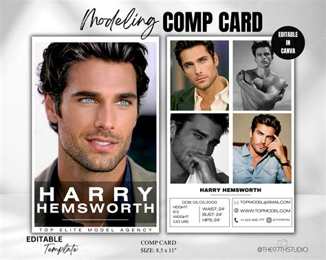 Male Model Comp Card Template Modeling Photocard Zed Card For Models