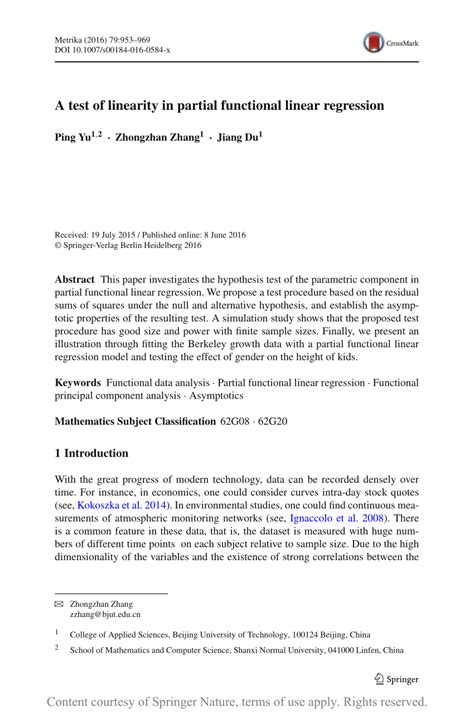 A Test Of Linearity In Partial Functional Linear Regression Request Pdf