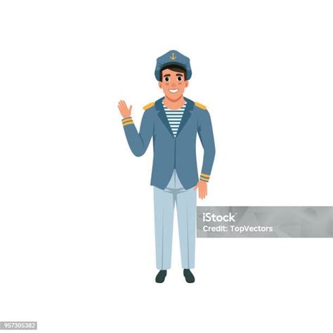쾌활 한 해군 선장 흔들며 손입니다 공식적인 마모에 해군 장교 블루 자 켓 바지 줄무늬 조끼 및 정점된 모자 평면 벡터 디자인 남자에 대한 스톡 벡터 아트 및 기타 이미지