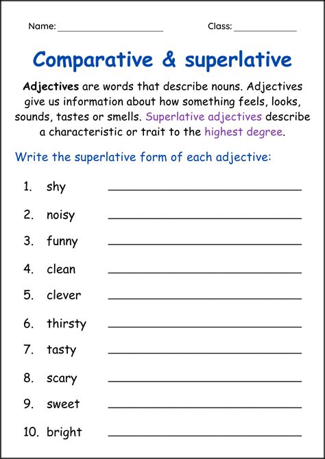 Comparative And Superlative Adjectives Grammar Worksheets For Grade 1