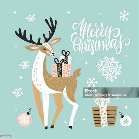 귀여운 크리스마스 인사말 카드 순록과 선물 상자초대장 손으로 그린 디자인과 브러쉬 레터링 벡터 일러스트레이션 배경입니다 순록에 대한 스톡 벡터 아트 및 기타 이미지 Istock